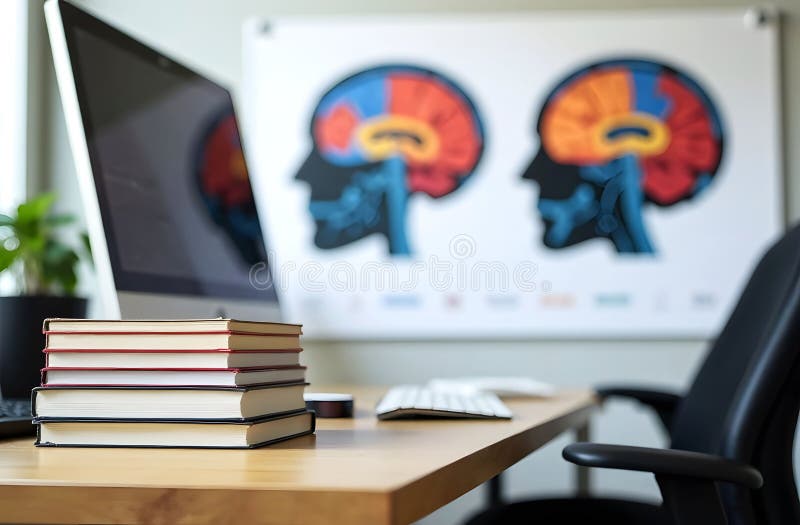 Desk with Books and Brain Diagram Poster Stock Illustration ...