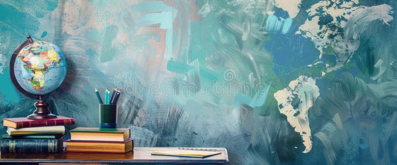 A Desk with Books, a Globe, and a World Map Painted on the Wall Behind ...