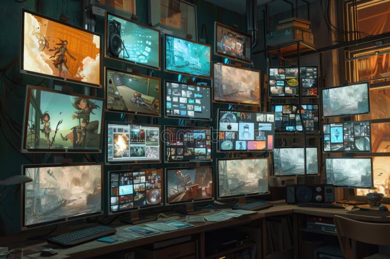 A Desk with a Bunch of Monitors, Suitable for Technology Concepts Stock ...