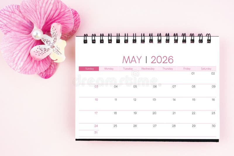 Desk Calendar for May 2026 with Pink Orchid. Flat Lay Stock Photo ...