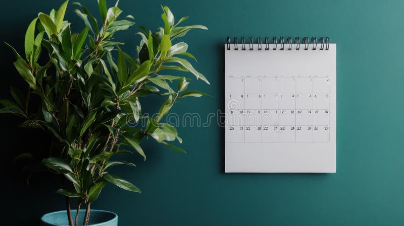 Desk Calendar with Plant on Teal Background Stock Illustration ...