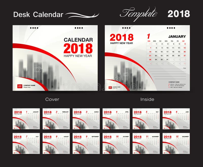 Desk Calendar 2018 Template Design, Red Cover, Set of 12 Months ...