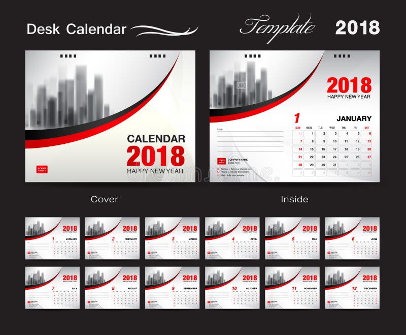 Desk Calendar 2018 Template Design, Red Cover, Set of 12 Months ...