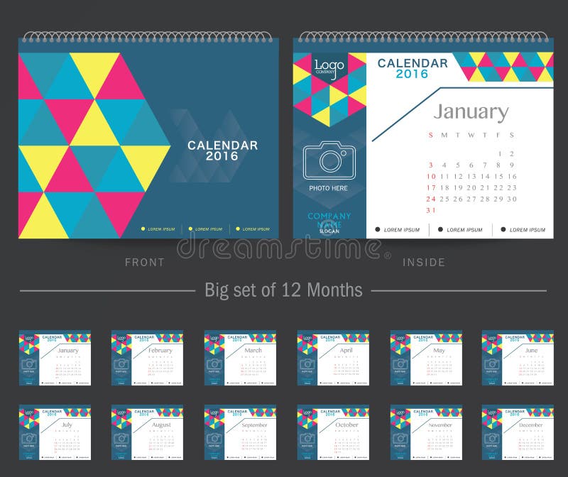 Desk Calendar 2016 Vector Design Template. Big Set of 12 Months. Week ...
