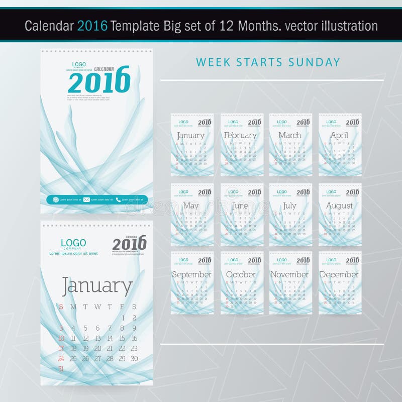 Desk Calendar 2016 Vector Design Template. Big Set of 12 Months Stock ...