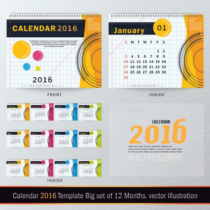 Desk Calendar 2016 Vector Design Template. Big Set of 12 Months Stock ...