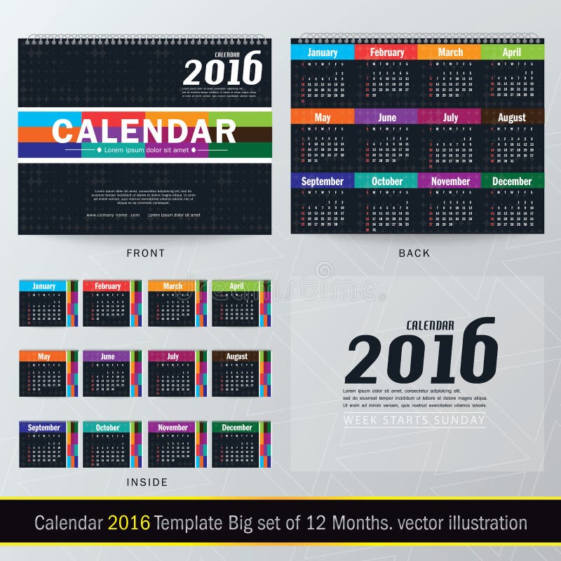 Desk Calendar 2016 Vector Design Template. Big Set of 12 Months Stock ...