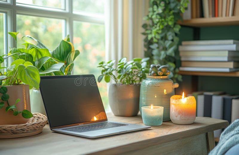 Desk with Candles and Laptop Computer Standing in Home Office Stock ...