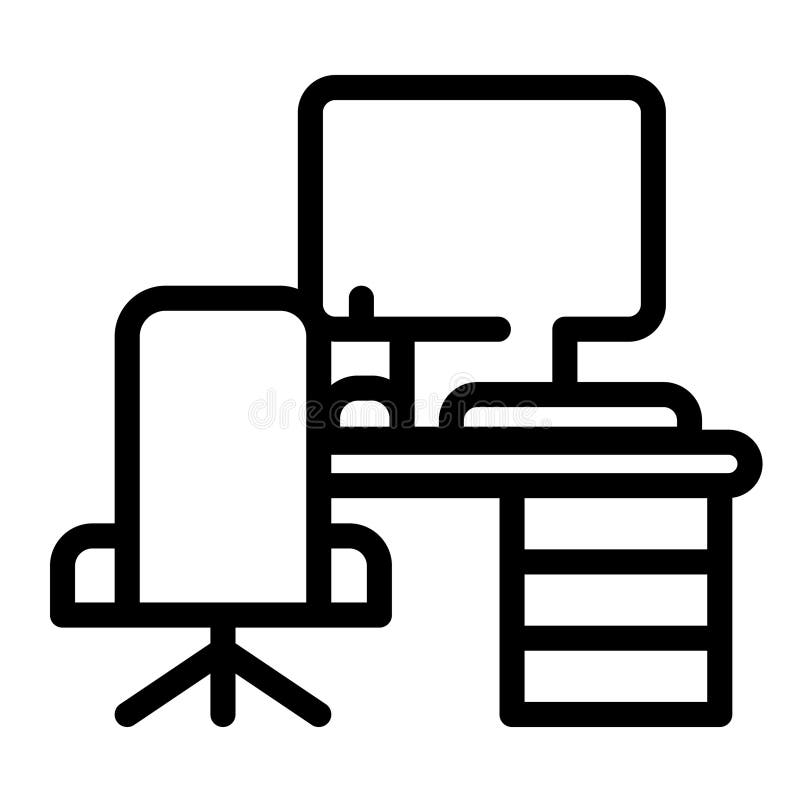 Desk with Chair and Desktop Line Icon, Remote Work Concept. Vector ...