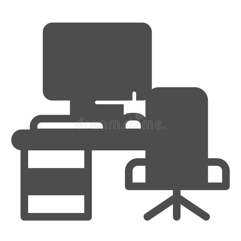 Desk with Chair and Desktop Solid Icon, Remote Work Concept. Vector ...
