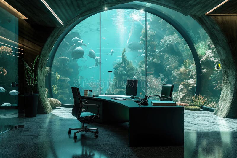 A Desk and Chair Placed Inside an Aquarium, Creating a Unique and ...