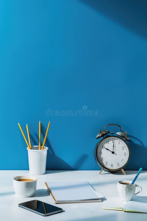 A Desk with a Clock and a Cup of Coffee. Suitable for Office and Time ...