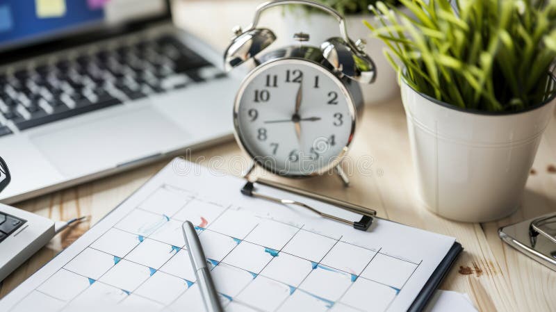 Desk with Clock, Pen, Calculator, and Laptop for Productivity and Time ...