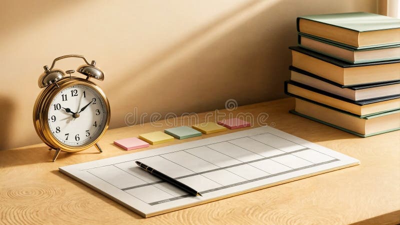 Desk with Clock, daily Planner, Stacks of Books, and One Black Pen ...