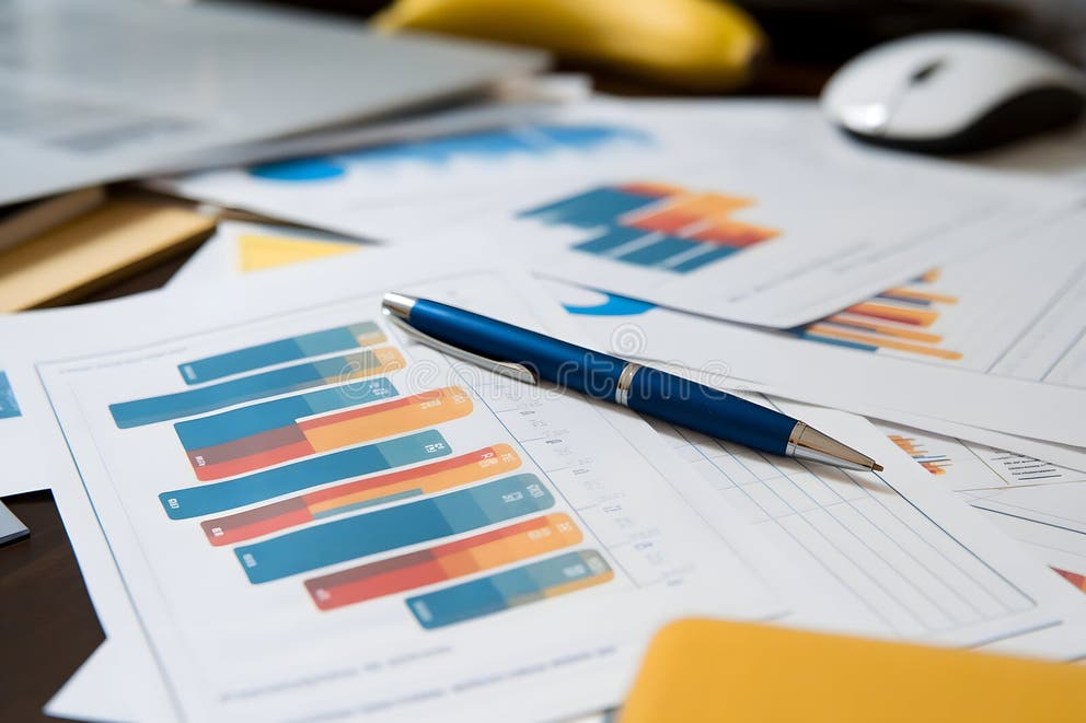 Desk Cluttered with Bar Chart Papers, Blue Pen, Suggesting Busy ...