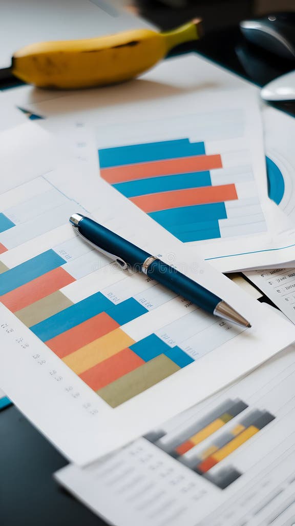 Desk Cluttered with Bar Chart Papers, Blue Pen, Suggesting Busy ...