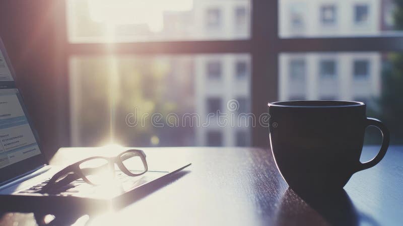 Desk with Coffee and Computer in Sunny Morning, for Relax Time Theme ...