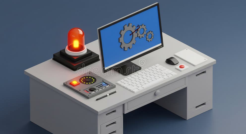 Desk with Computer and Alert Light Illustration on Blue Background ...