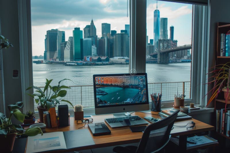 Desk with Computer and Bookcase in Front of Window Overlooking ...