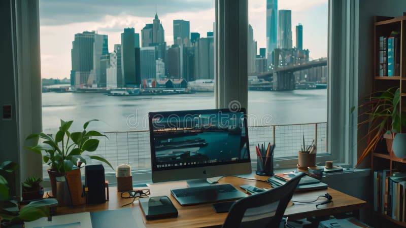 Desk with Computer and Bookcase in Front of Window Overlooking ...