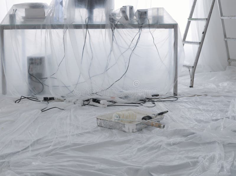 Empty Room Covered in Dust Sheets Stock Image - Image of sheet ...
