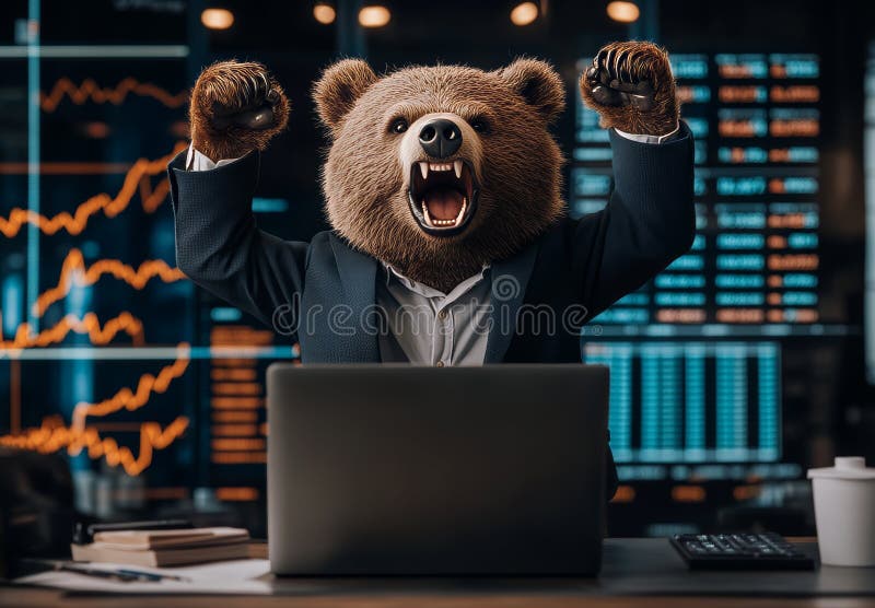 At a Desk with a Computer and Financial Chart, a Bear Lets Out a Loud ...