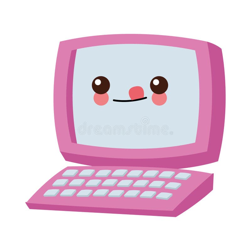 Desk Computer with Keyboard Kawaii Cartoon Stock Vector - Illustration ...