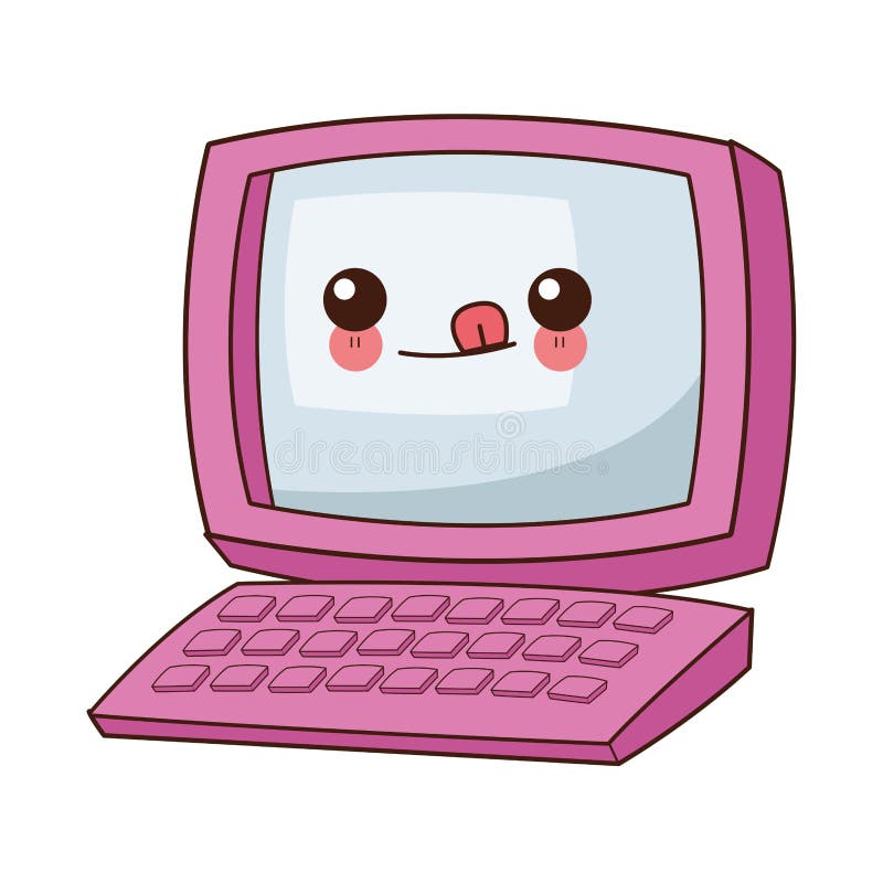 Desk Computer with Keyboard Kawaii Cartoon Stock Vector - Illustration ...