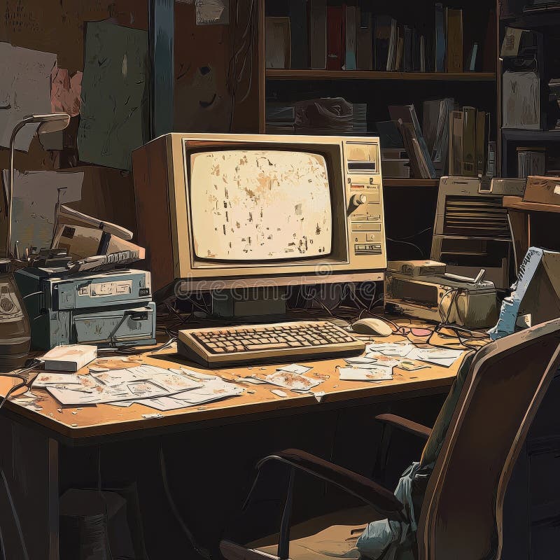 A Desk with a Computer, Keyboard, and Microwave on it Stock Photo ...