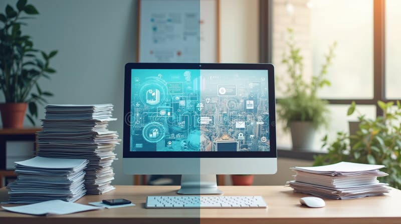 Desk with Computer, Keyboard, Mouse, Paper Stacks, and Plants Stock ...