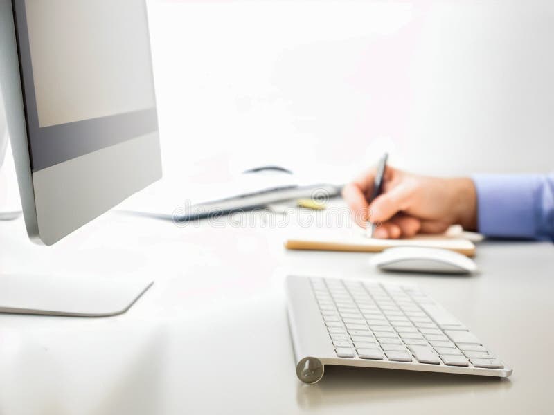A Desk with a Computer, Keyboard and Pen Holder Stock Photo - Image of ...