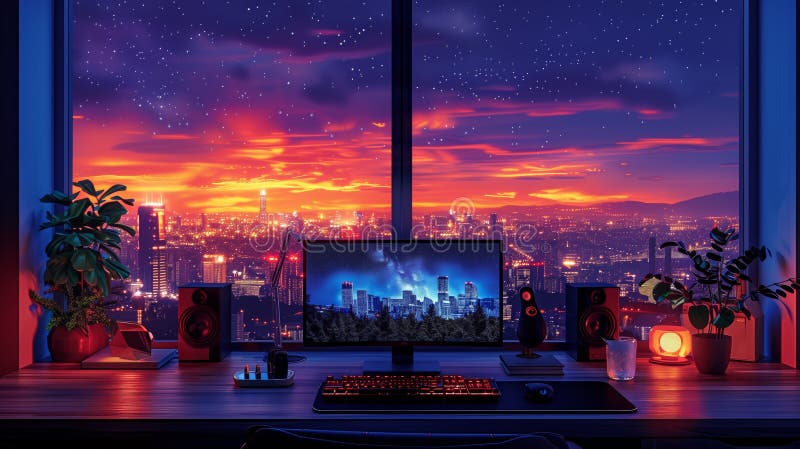 Modern Desk Setup with Cityscape View at Sunset Stock Image - Image of ...