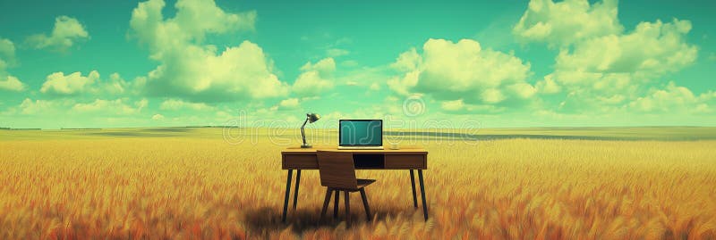 Desk with Computer and Lamp in Golden Wheat Field Under Blue Sky Stock ...