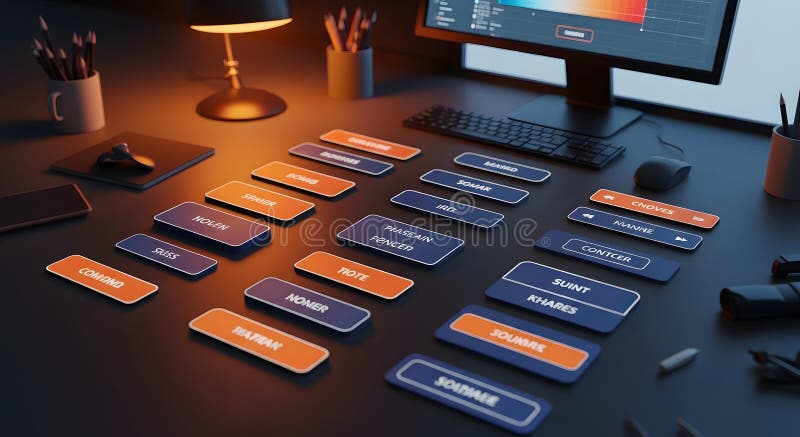 Desk with Computer, Lamp, and Labeled Cards Arranged on Surface ...