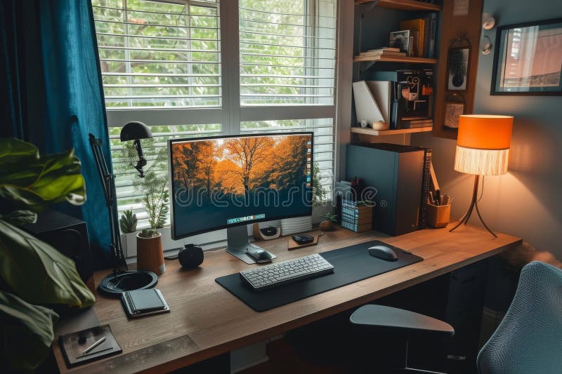 A Desk with a Computer and a Lamp, Providing a Workspace for ...