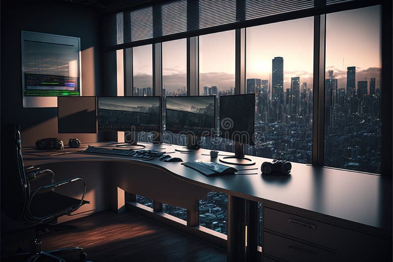 A Desk with a Computer Monitor and Keyboard on it in Front of a Window ...