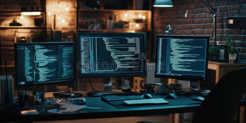 Desk with Computer Monitors Stock Image - Image of office, screens ...