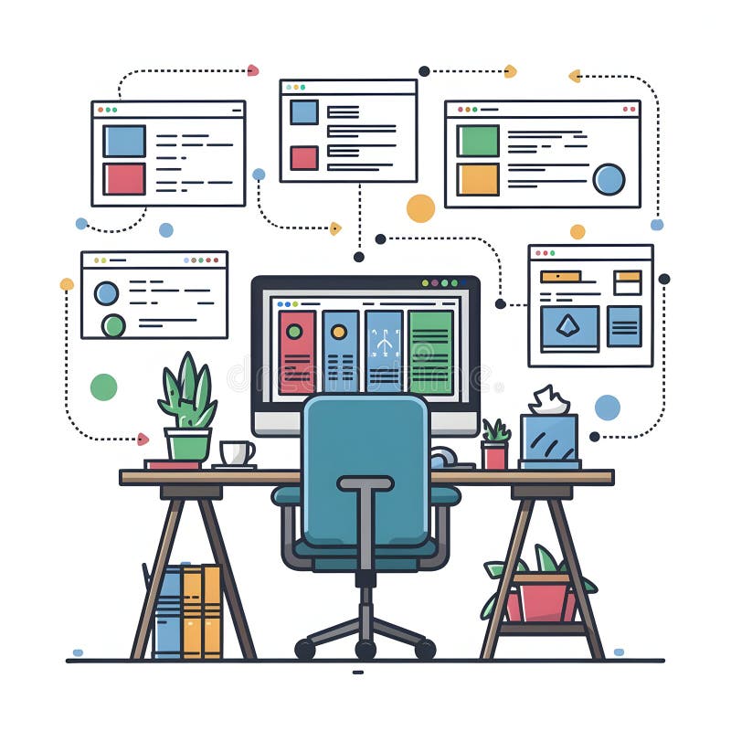 A Desk with a Computer and Office Supplies on it, Stock Illustration ...