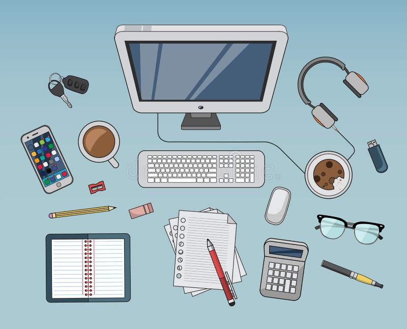 Desk with Computer and Other Accessories Vector Stock Vector ...
