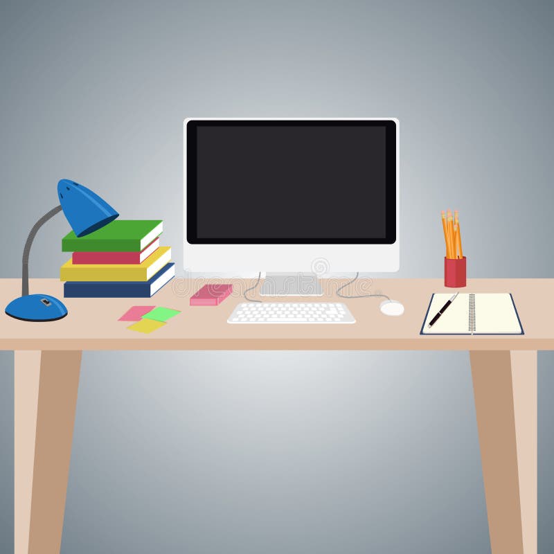 Desk with Computer and Other Items on it. Stock Vector - Illustration ...