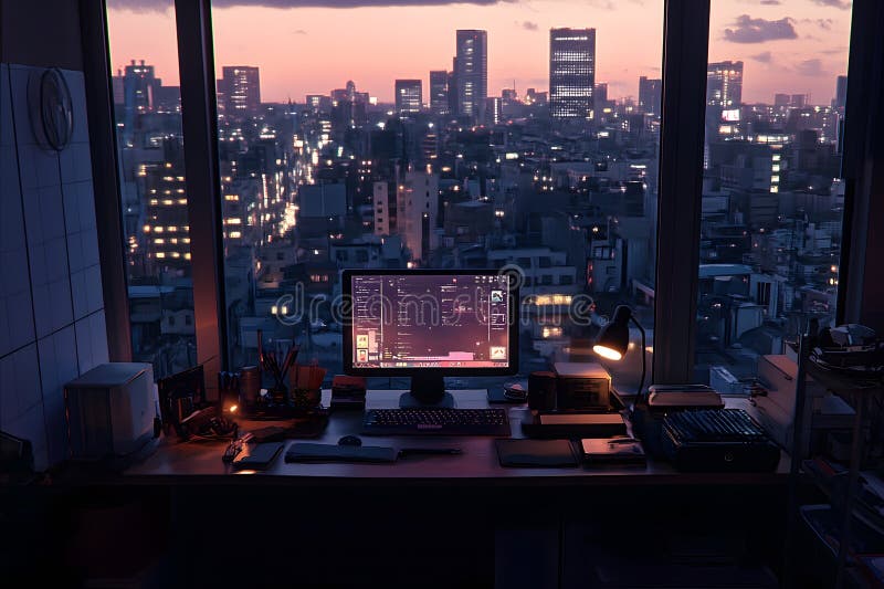 Desk with Computer Overlooking a City at Dusk Stock Illustration ...