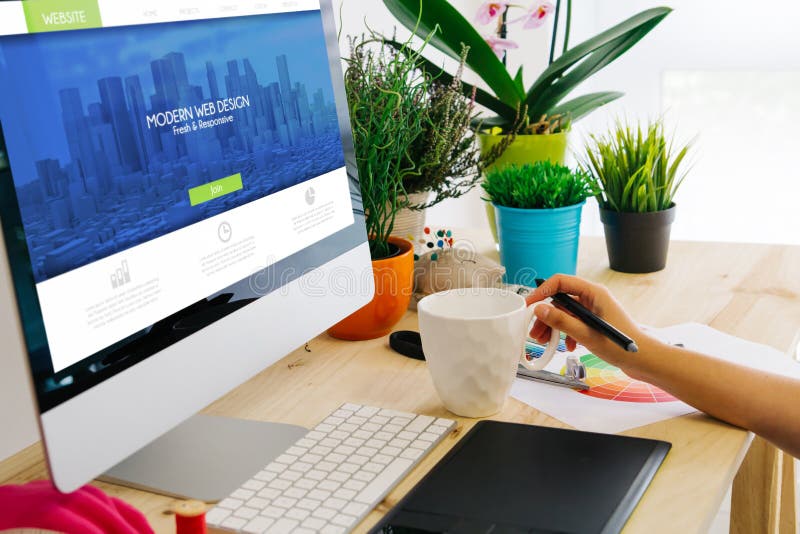 Desk with Computer and Pen Tablet Interior Design Stock Photo - Image ...