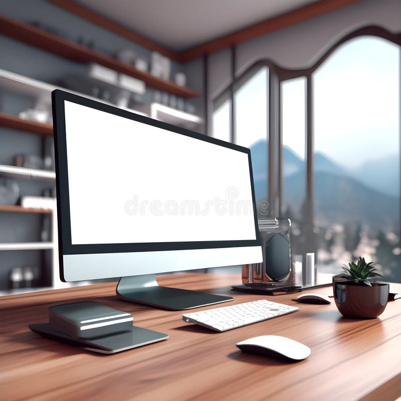 Desk with Computer in the Room Stock Illustration - Illustration of ...