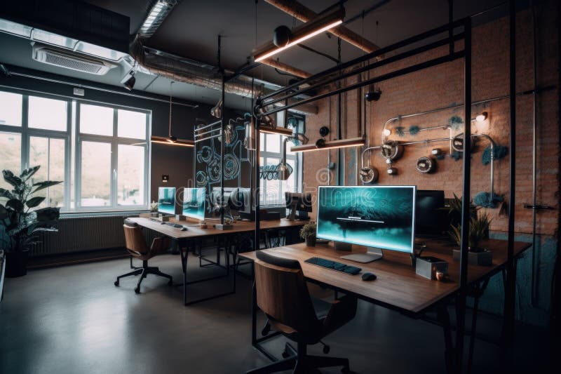A Desk with a Computer on it in a Room. AI Generative Image. Stock ...