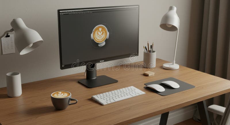 A Desk with Computer Screen and Coffee Cup Present Stock Illustration ...