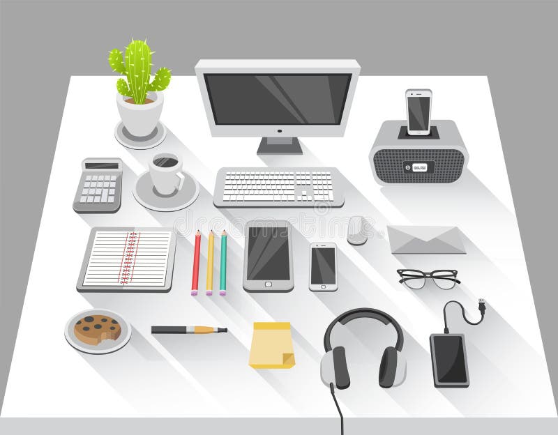 Desk with Computer and Various Media Devices Vector Stock Vector ...