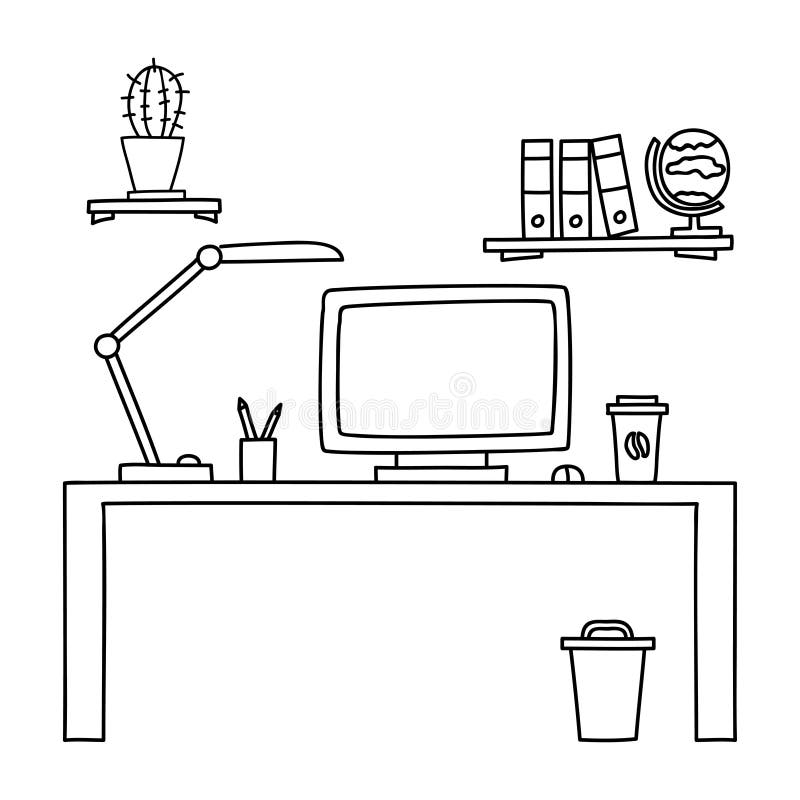 Desk with a Computer or Workplace in Office Drawn by Hand Doodle Style ...