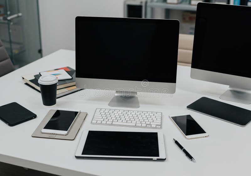 Desk with Computers Tablets Phones Keyboard and Coffee Cup in Office ...