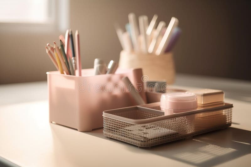 A Desk with a Container of Pens and Pencils on it Stock Illustration ...