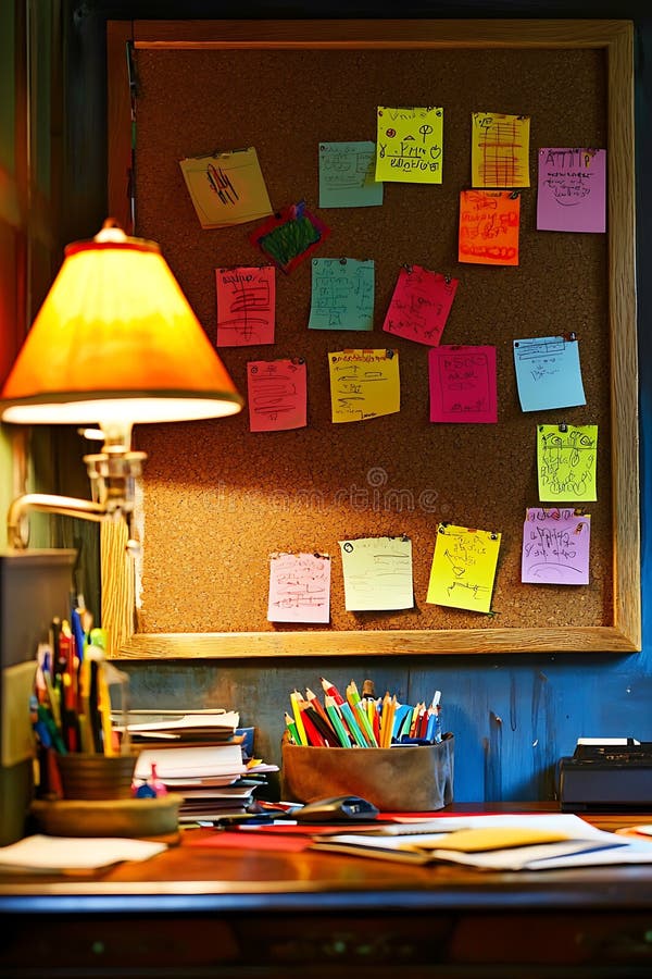 A Desk with a Cork Board with Many Colorful Notes on it Stock ...